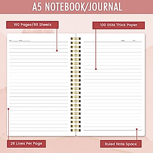 Bushypushy Spiral Notebook - 3 Pack A5 Lined Notebook Journal for Women, Spiral Journal 5.7" x 8.4", 160 Pages, College Ruled Writing Notebook with Back Pocket, 100gsm Paper, for Office & School