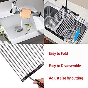 Roll Up Dish Drying Rack, Over The Sink Dish Drying Rack, Compact Kitchen Rolling up Sink Plate Drying Rack, Portable Dish Rack Dish Drainer, Urwanti Foldable Stainless Steel Sink Rack (17.8" x 11.3")