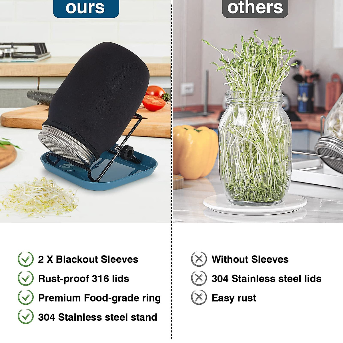 Anrialfu Sprouting Jar Growing Kit, Seed Sprouting Wide Mouth Mason Jars Kit with 2 Stainless Screen Lids, Tray, Stand, Blackout Sleeves, Broccoli Sprouts Growing Kit for Growing Bean Sprouts (NO JAR)