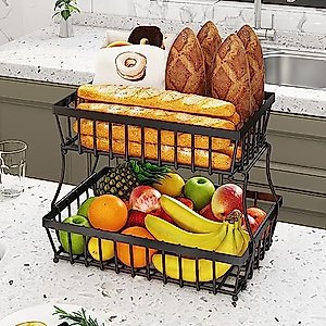 GILLAS 2 Tier Fruit Basket Countertop for Kitchen, Vegetable Bread Basket Fruit Bowl Storage Stand Detachable Metal Rectangular Wire Basket Black Medium