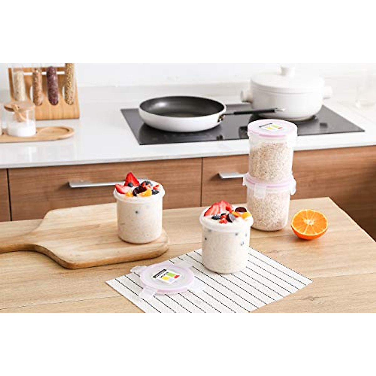 Komax Biokips Overnight Oats Containers with Lids Set of 4 – Round Airtight Food Storage Containers for Oatmeal, Cereal, Milk & More – BPA-Free Meal Prep Container Set w/Locking Lids (18.6 oz)