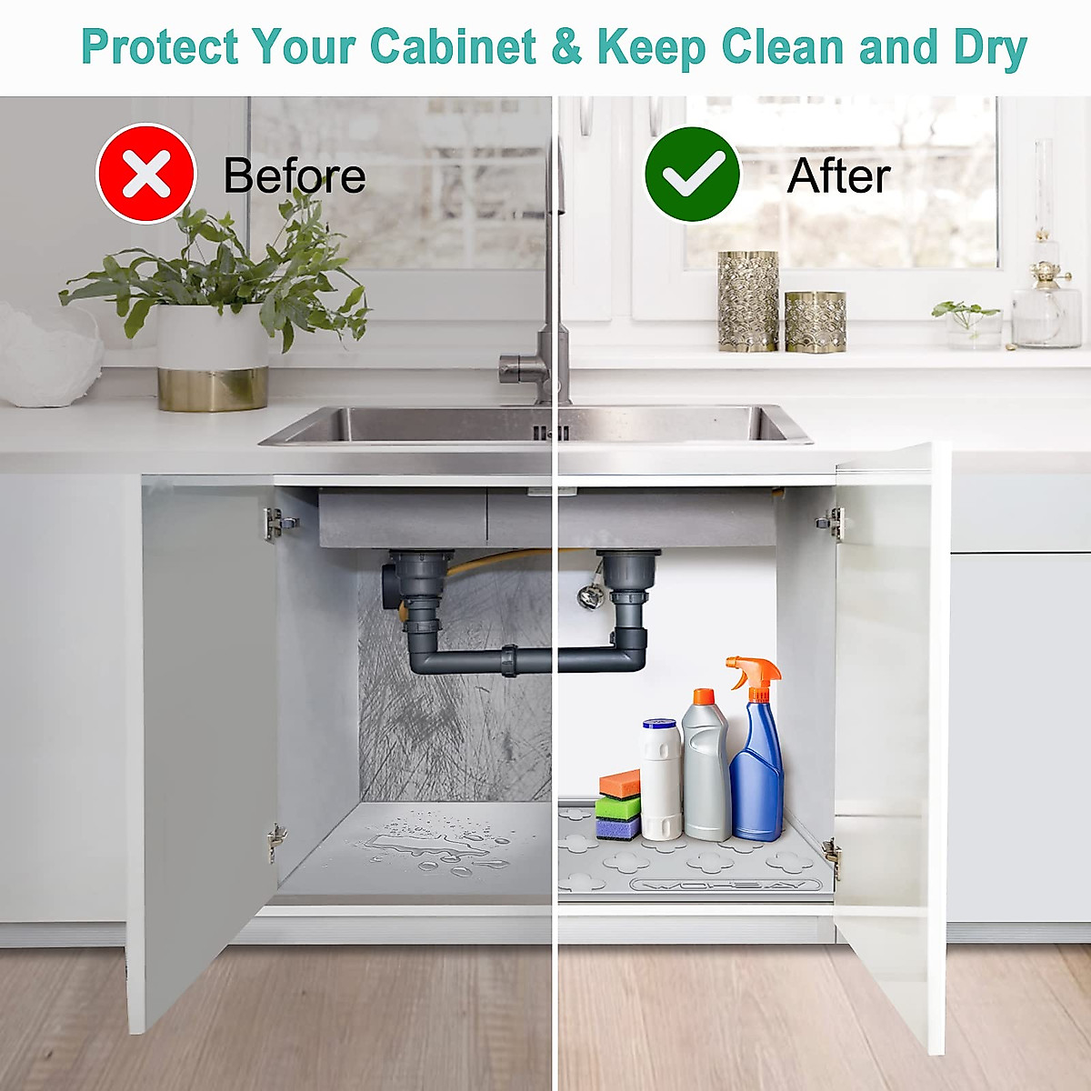 Under Sink Mats for Kitchen Waterproof,34" X 22" Silicone Under Sink Mat for Bottom of Kitchen Sink,Under Sink Drip Tray Liner for Kitchen Bathroom Cabinets Hold Up to 3.3 Callons Liquid - Light Grey