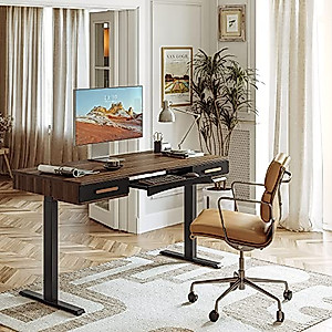 FEZIBO Standing Desk with Drawers, 55" x 26" Vintage Adjustable Standing Desk, Sit Stand Up Desk, Adjustable Height Home Office Desk, Mid-Century Executive President Office Desk