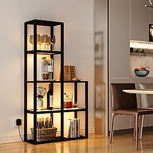 VILICK Display Shelf with LED Light Standing Floor Lamp with Glass Storage Shelves for Collectibles, 5 Tier Tall Corner Shelf Open Curio Cabinet for Living Room, Bedroom, Office, Home Decor