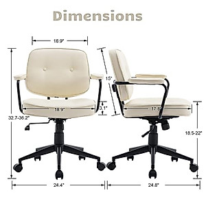 HEAH-YO PU Leather Home Office Desk Chair, Height-Adjustable Computer Desk Chair with Wheels and Arms, Swivel Task Chair with Back Support for Home Office, White