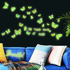 IARTTOP Luminous Butterfly Wall Decal, Inspirational Quotes-Be Your Own of Kind Peel and Stick Murals, Romantic Glow Butterflies Theme Wall Sticker for Girls Bedroom Nursery Kids Room Decoration