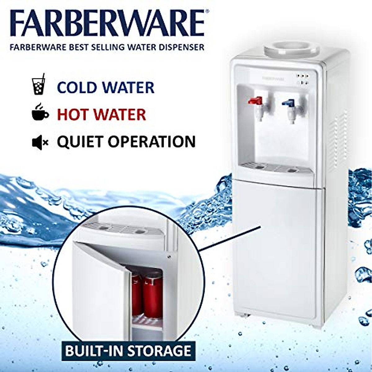Farberware FW29919 Freestanding Hot and Cold Water Cooler Dispenser - Top Loading Freestanding Water Dispenser with Storage Cabinet, White