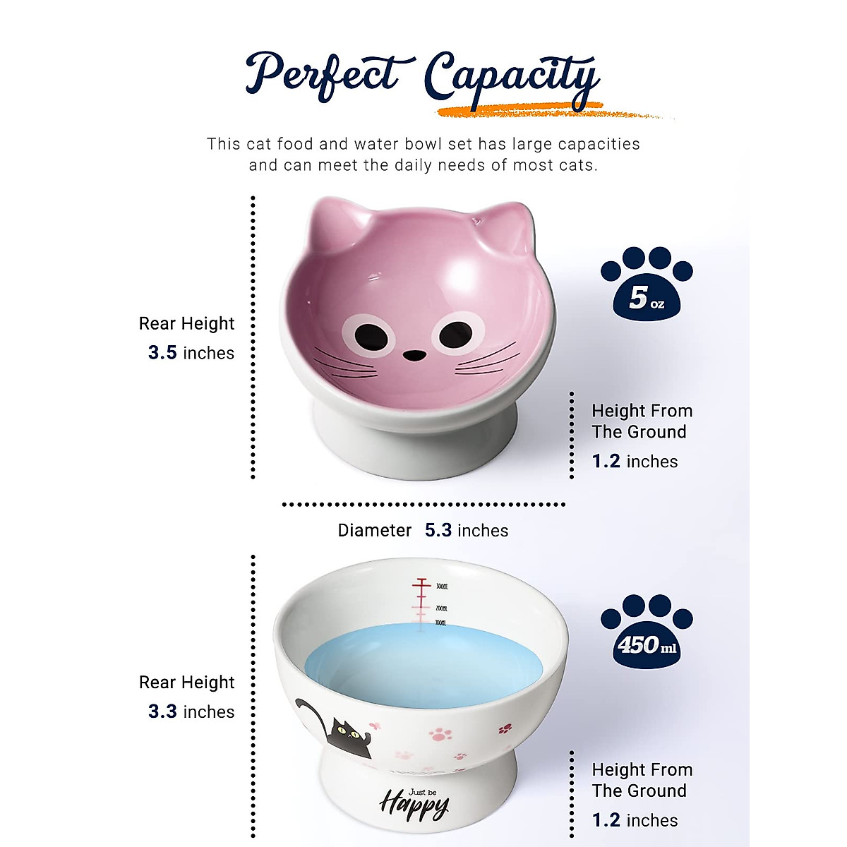 AISBUGUR Ceramic Cat Bowls Set of 2, Elevated 15 Tilted Design for Indoor Cats, Large Capacity, Easy to Clean, Non-Slip Base, Cute Pattern,Pink