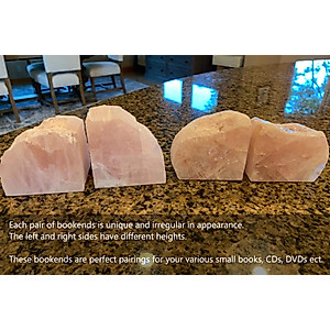 AMOYSTONE Rose Quartz Crystal Stone Bookends Small Bookcase Home Office with Rubber Bumpers 1 Pair 2-3 LBS