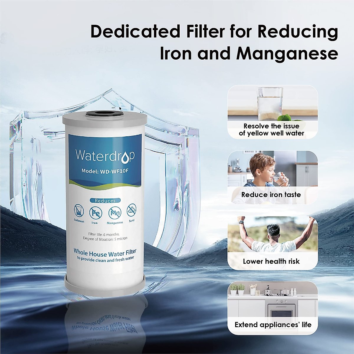 Waterdrop Whole House Water Filter, Carbon Filter, Reduce Iron & Manganese Filter Cartridge, Replacement for GE GXWH40L, FXHTC, Ispring, Culligan® RFC-BBSA, Whirlpool®, Any 10" x 4.5" System, 5 Micron