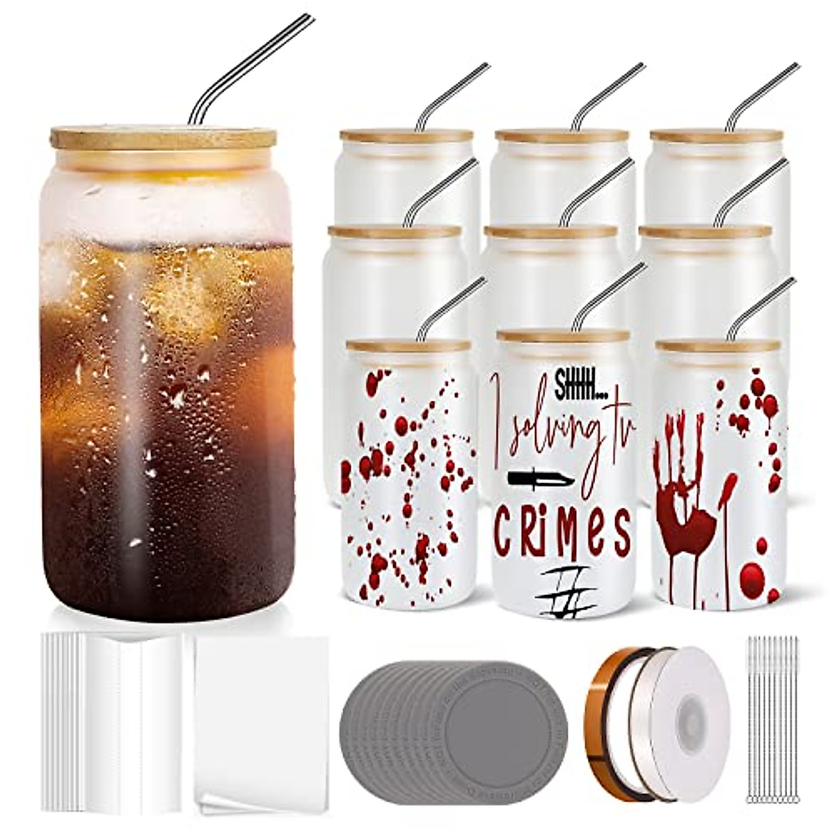 ASKIZ 10 Pack Sublimation Glass Blanks with Bamboo Lid and Straw-16oz Frosted Sublimation Beer Can Glass-Sublimation Glass Cups,Sublimation Glass Tumblers for Iced Coffee Juice Soda Drinks
