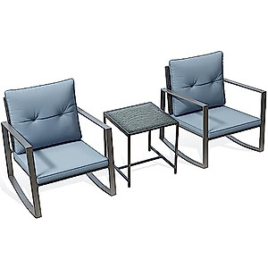 Pyramid Home Decor 3 Piece Rocking Bistro Set - Synthetic Wicker Outdoor Furniture - Glass Coffee Table with 2 Chairs for Balcony, Patio & Porch - Black Metal, Soft Cushions (Gray)