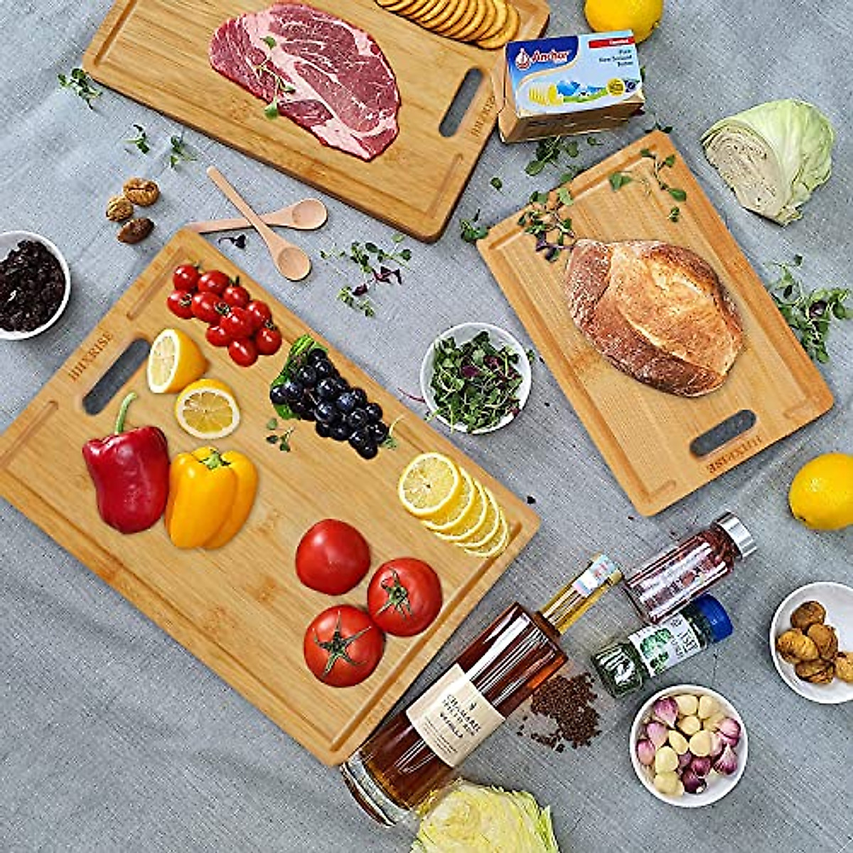 HHXRISE Original Bamboo Cutting Board(3 Piece Set) With Handle For Kitchen, With Built-In Compartments And Juice Grooves, Heavy Duty Chopping Board Serving Tray, Butcher Block, Carving Board…