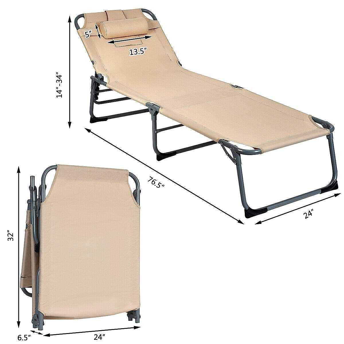 GYMAX Tanning Chair, Beach Lounge Chair with Face Hole, 5 Level Adjustable Backrest, Removable Pillow & Carry Handle, Adult Layout Sunbathing Chair for Outside Beach Poolside Lawn Patio (1, Sand)