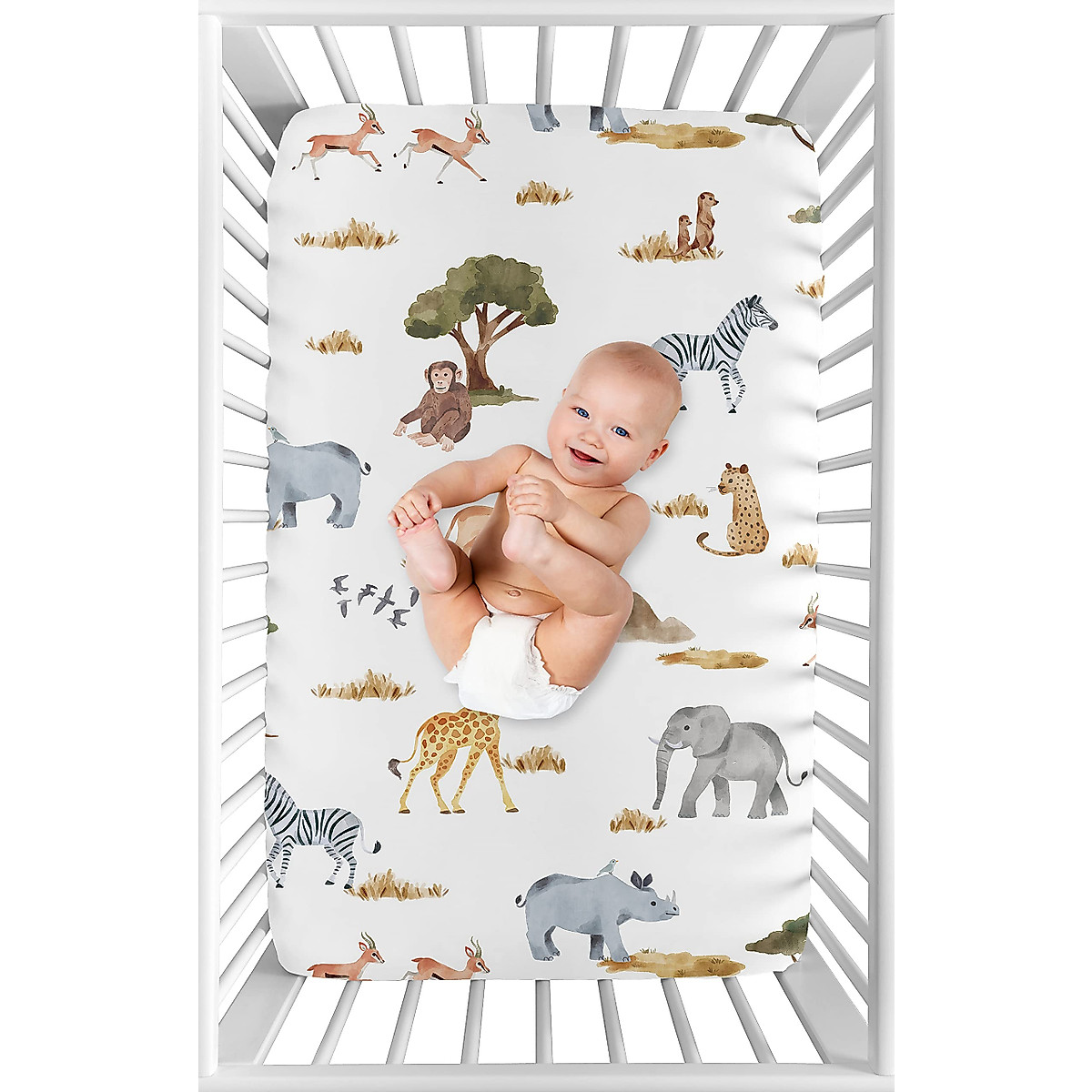 Sweet Jojo Designs Jungle Animals Boy Girl Fitted Mini Crib Sheet Baby Nursery Portable Crib Pack and Play Hunter Green Yellow Grey Black White Wildlife Safari Animal Elephant Giraffe Monkey Leopard