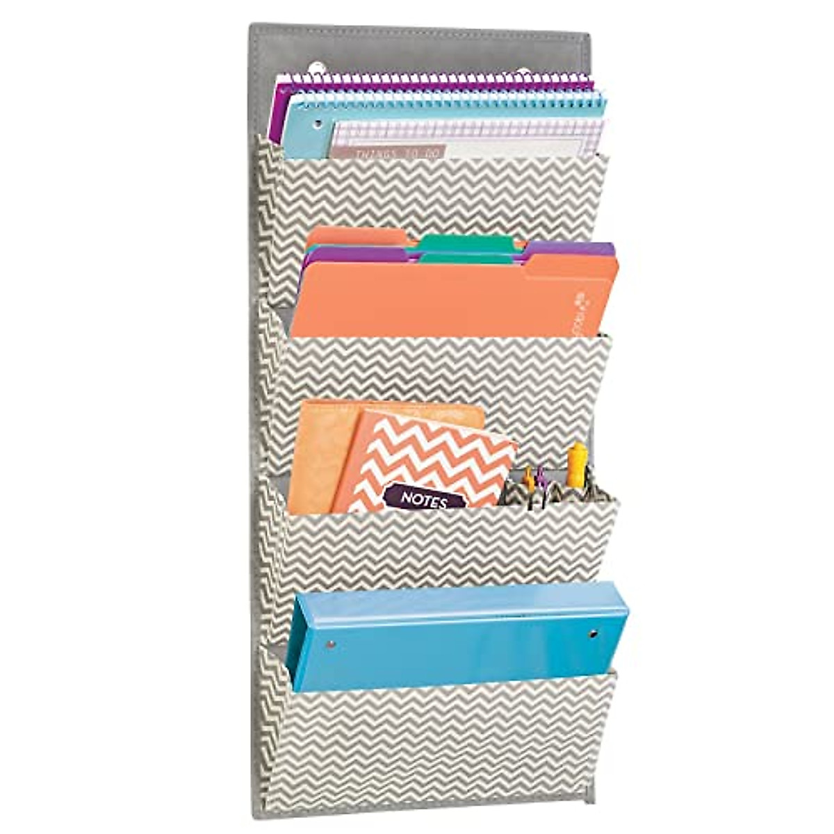 mDesign Soft Fabric Wall Mount/Over Door Hanging Storage Organizer - 4 Large Cascading Pockets - Holds Office Supplies, Planners, File Folders, Notebooks - Chevron Zig-Zag Print, 2 Pack - Gray/Cream