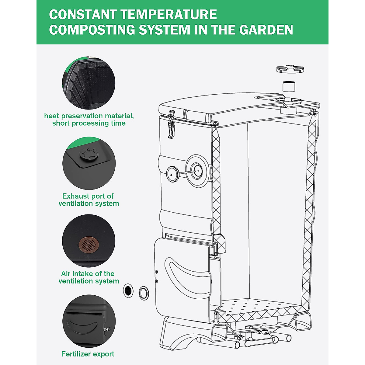 SQUEEZE master Thermal Compost Bin-Large Compost Bin Outdoor-110L /29 Gallon-Insulation Material-Accelerated Composting-Huge Opening-Bottom Liquid Collection-extra shovel