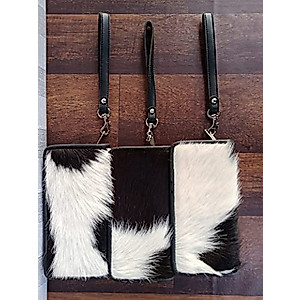 Womens Zipper Wristlet Cowhide Clutch - Black White Cow Hide Cow Skin Leather Hand Clutch Zip Phone Wallet Clutch Card Case 8' X 4' - Gift for her