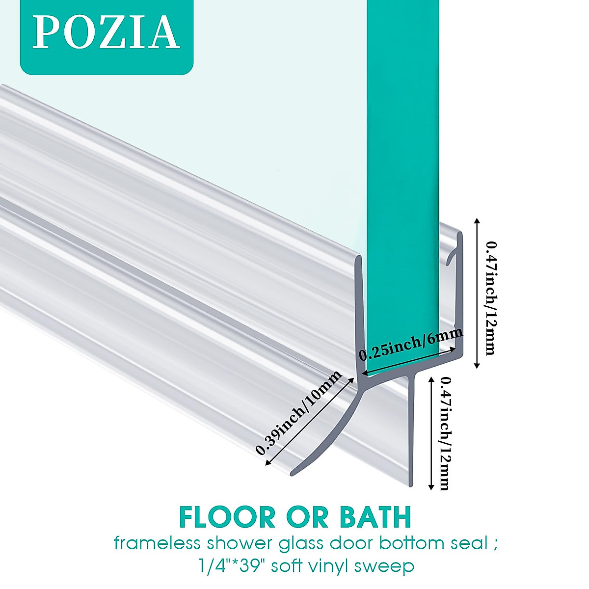 Shower Door Bottom Seal POZIA-36" Long,1/4"(6mm) Thick Frameless Glass Shower Door Seal Strip Clear Vinyl Durable Stop Shower Leaks and Create a Water Barrier Ultra Clear