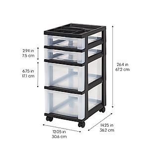 IRIS 4-Drawer Rolling Storage Cart with Organizer Top, Black