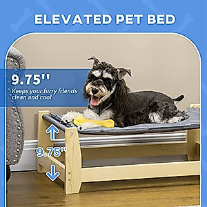 PawHut Raised Pet Bed Wooden Frame Dog Cot with Washable Cushion for Small Medium Sized Dogs Indoor Outdoor, 35.5" x 20" x 11"