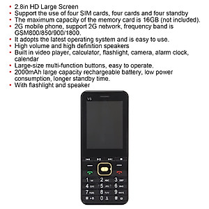 PUSOKEI V6 2G GSM Unlocked Cell Phone,2000mAh battery Long Standby Seniors Cell Phone,2.8in HD Screen Four Cards Four Standbys Cellphone for Elderly and Kids(black)