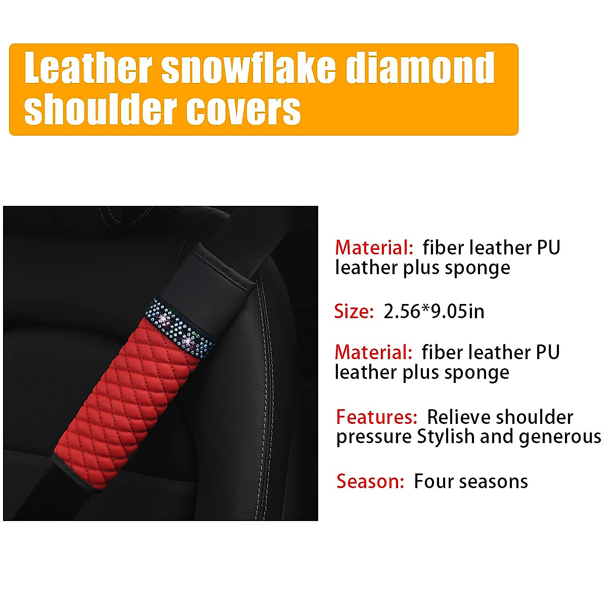 AICEL 2 Pcs Auto Seat Belt Cover, Sparkling Rhinestone Shoulder Strap for a More Comfortable Driving, Harness Pads Protect Your Neck, Accessories Compatible with All Cars and Backpack (Red)