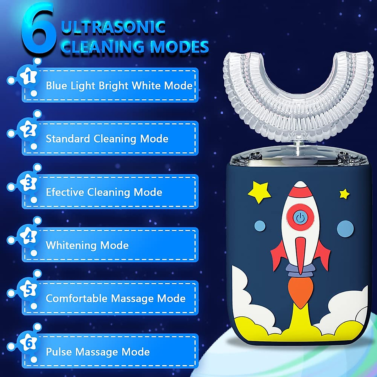 Electric Toothbrush for Kids U Shaped Ultrasonic Automatic Brush Rocket Children Sonic Toothbrushes with Smart Timer 6 Modes Replace Brush Head IPX7 Waterproof 360° Oral Cleaning (Age 2-6)