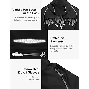 Little Donkey Andy Men's Quick-Dry Running Jacket UPF 50+ Cycling Jacket with Detachable Sleeves and Hood, Water Repellent, Black Size L
