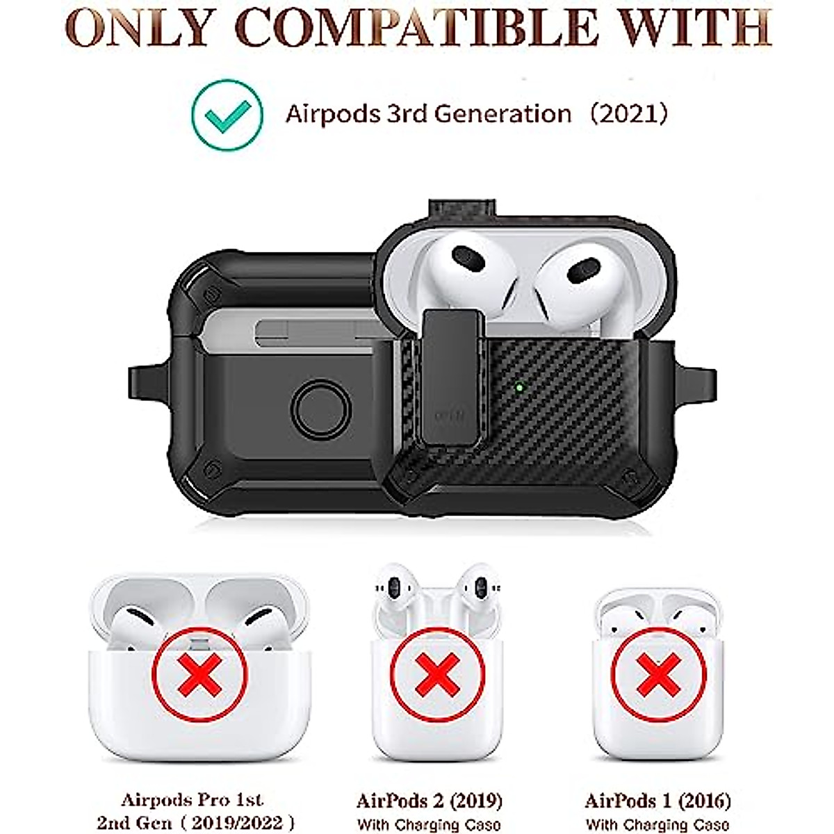 Olytop for Airpods 3rd Generation Case with Lock & Cleaner Tool, Armor Rugged Shell AirPod Gen 3 Protective Cover for Apple iPod 3rd Generation 2021 Skin with Keychain, Black