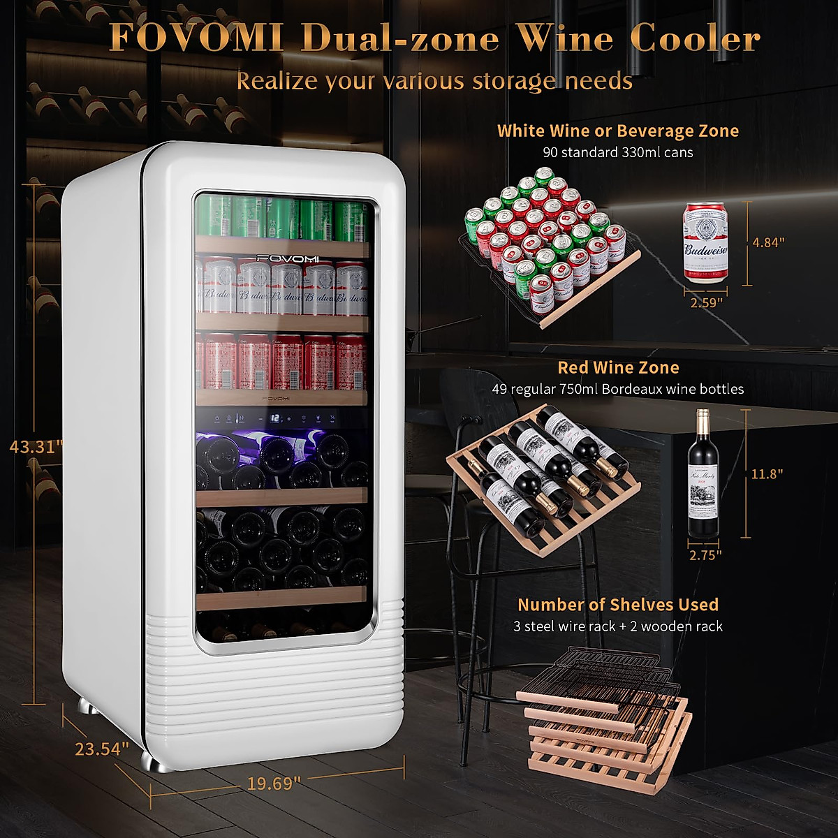 FOVOMI Wine Fridge,91-bottle Wine Cooler Dual Zone Large Wine Beverage Refrigerator Freestanding Cellar,Holds 91bottles or 49bottles+90 cans(6-year)