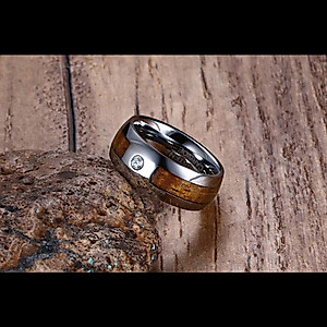 Epinki Wedding Rings Silver, 8MM Tungsten Ring with Wood Inlay White Round Cubic Zirconia Band Ring 2PCS Couple Rings Women Size 8 & Men Size 12