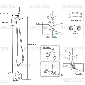 RUMOSE Matte Black Bathtub Filler Freestanding Tub Filler Floor Mount Tub Faucet Waterfall Free Standing Bathtub Faucet High Flow Brass Bath Shower Faucets with Handheld Sprayer