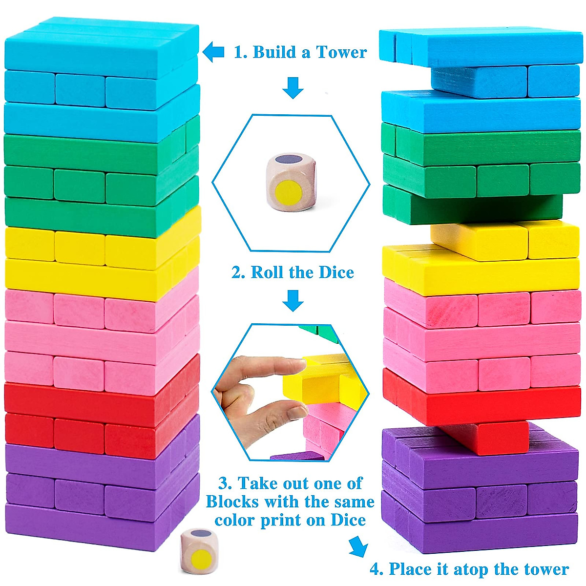 Stacking Board Game,Colored Wooden Stacking Game,48PCS Tumble Tower With Dice,Colorful Stacking Block Party Game,Educational Stacking Building Blocks For Kids,Stacking Gifts Set For Boys Girls Adults