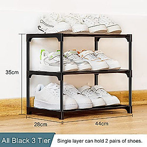OLYREO Stackable Small Shoe Rack for Closet 3 Tier, Sturdy Shoe Rack Organizer for Front Door Entrance and Entryway, Free Standing Metal Shoe Shelf Storage for Closet Bedroom Garage Black