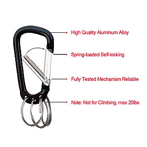VictorsHome Carabiner Clip Keychain Aluminum Alloy D Shape Multifunction Clip Hook with 3 Key Rings for Outdoor Backpack Multi-Color 6 Pack