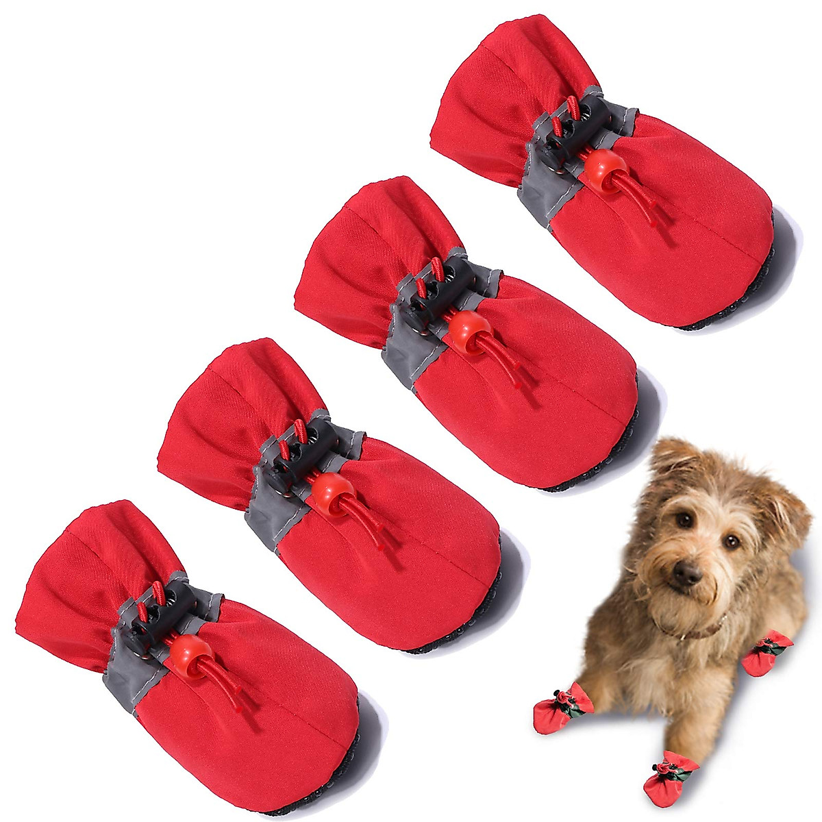TEOZZO Dog Shoes Dog Boots & Paw Protector, Anti-Slip Sole Winter Dog Booties with Reflective Straps Dog Snow Boots for Small Medium Dogs 4PCS Red 5