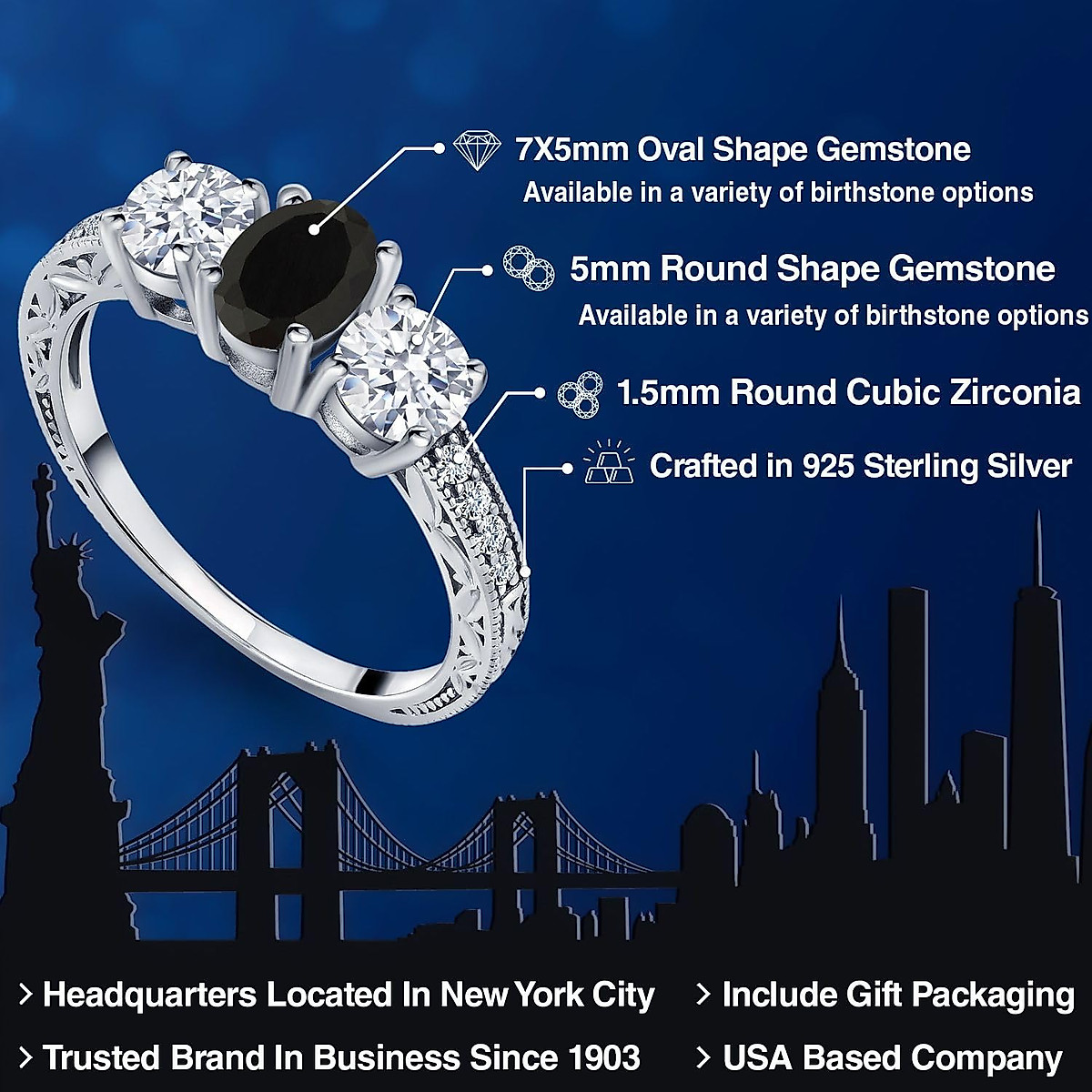 Gem Stone King 925 Sterling Silver Black Onyx Wedding Engagement Ring For Women (2.42 Cttw, Gemstone Birthstone, Available in size 5, 6, 7, 8, 9)