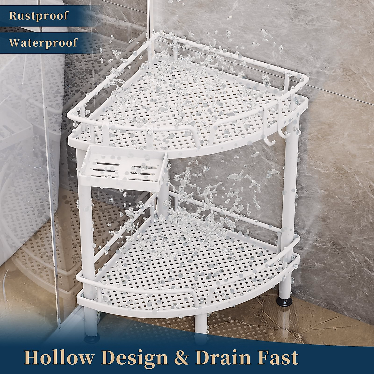 Consumest Corner Shower Caddy Stand - 2 Tier Shower Organizer with Soap Holder, Standing Tall Floor Shower Stand with Adjustable Feet & 2 Hooks, Shower Shelf Rack Storage for Bathroom White