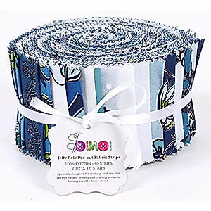 Soimoi 40Pcs Block Print Cotton Precut Fabrics for Quilting Craft Strips 2.5x42inches Jelly Roll - Blue