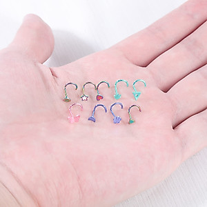 ZS 9PCS 20G Nose Rings for Women, 316L Stainless Steel Nose Piercings Jewelry, Colorful Screw L-Shape Nose Studs Rings (Corkscrew)