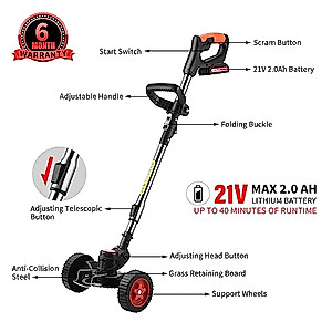 Octrace Electric Weed Wacker, Battery Powered Weed Eater with 1Pc 21V 2.0Ah Battery and Charger,Lightweight 3 in 1 Cordless Trimmer/Edger/Lawn for Garden,Yard（Black）