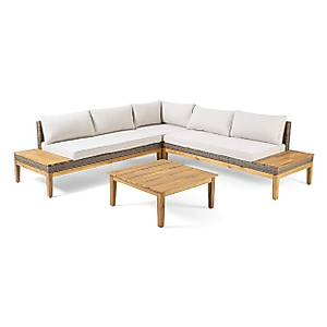 GDFStudio Outdoor Acacia Wood and Wicker 5 Seater Sectional Sofa Set with Water-Resistant Cushions, Teak and Light Khaki