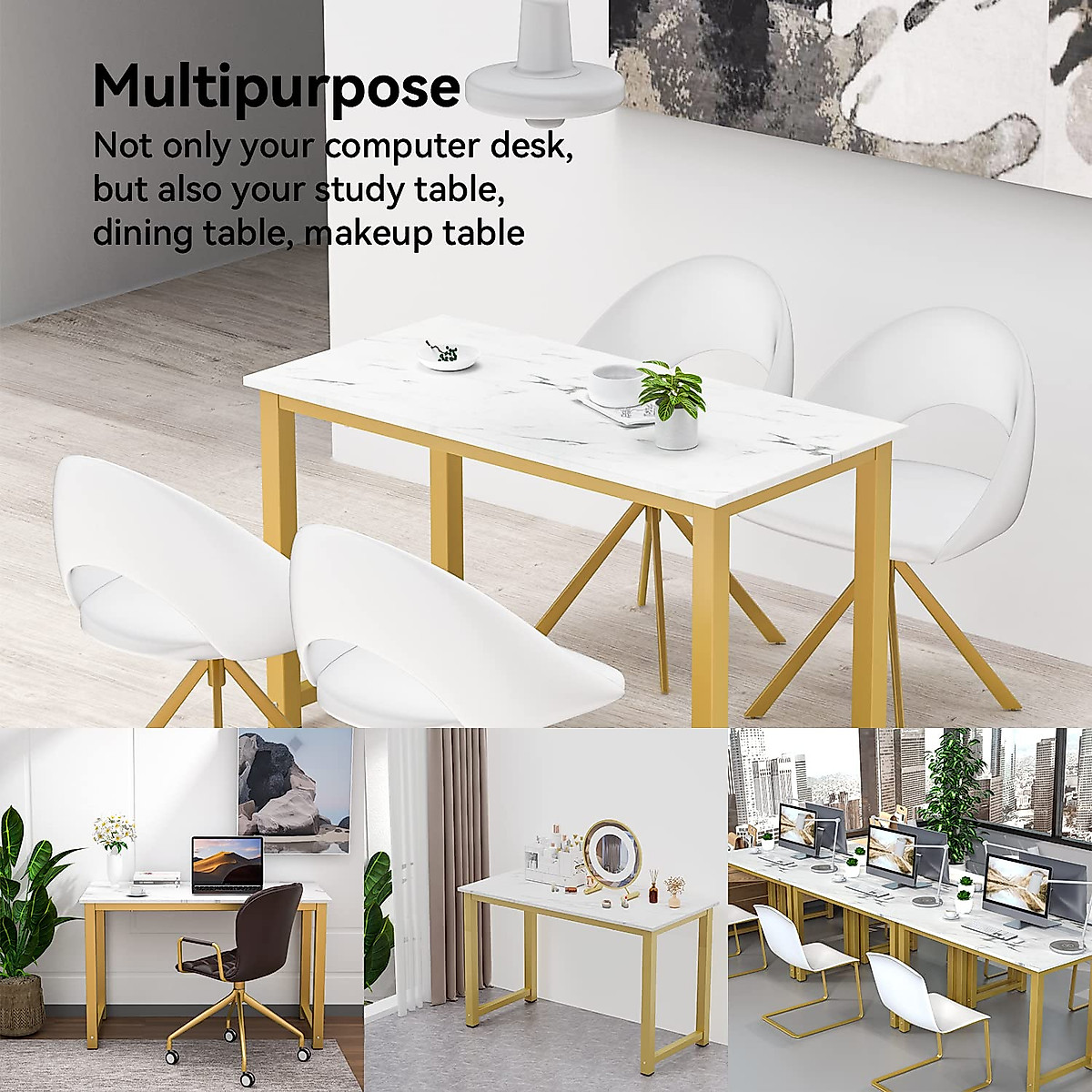 Dorriss Computer Desk,Home Office Desks, 47" Computer Table, Writing Desk,Marble Desk,White and Gold Desk, White Faux Marble Desk,Gold Metal Frame, White Desk,Marble Computer Desk for Home Office