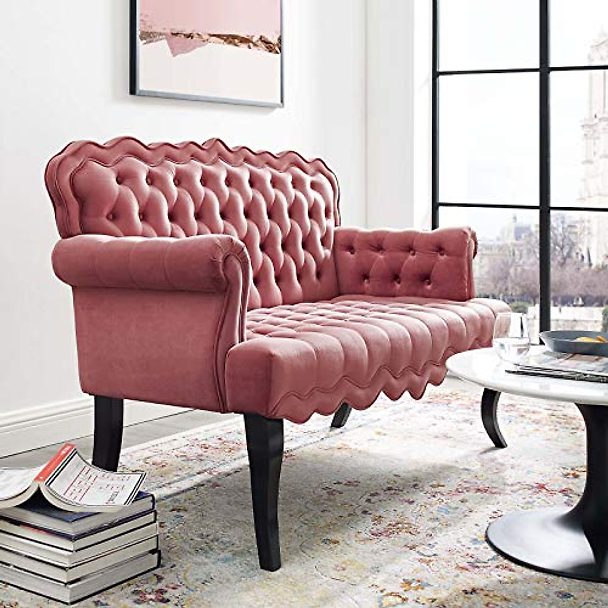 Modway Viola Tufted Velvet Modern Chesterfield Style Settee Loveseat In Dusty Rose