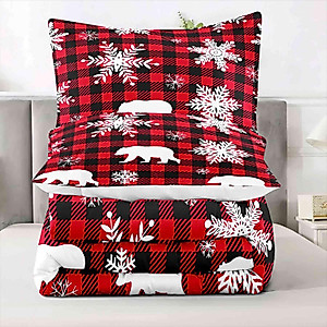 LUVIVIHOME 3PCS Christmas Bear Comforter Set Queen Size, White Snowflake Red Black Plaid Xmas Holiday Cabin Christmas Bedding for Kids Girls Boys, Christmas Bedroom Decor, 2 Pillow Shams