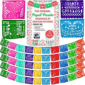 5 pack Mexican Papel picado dia de los muertos HandMade by Mexican artisans - Dia de los muertos papel picado mexicano para fiesta - Day of the dead banner mexican theme party decorations ofrenda kit