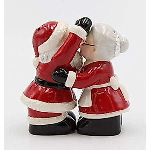 Fine Ceramic Kissing Santa & Mrs. Claus Under the Mistle Salt & Pepper Shakers Set, 3-3/8"
