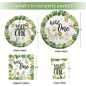 FVABO Wild One Birthday Decorations - Jungle Theme Party Supplies Tableware Includes Plates, Cup, Napkin, Balloon, Backdrop, Tablecloth, Straw, Cutlery, Banner, Safari Theme 1st Birthday Decorations