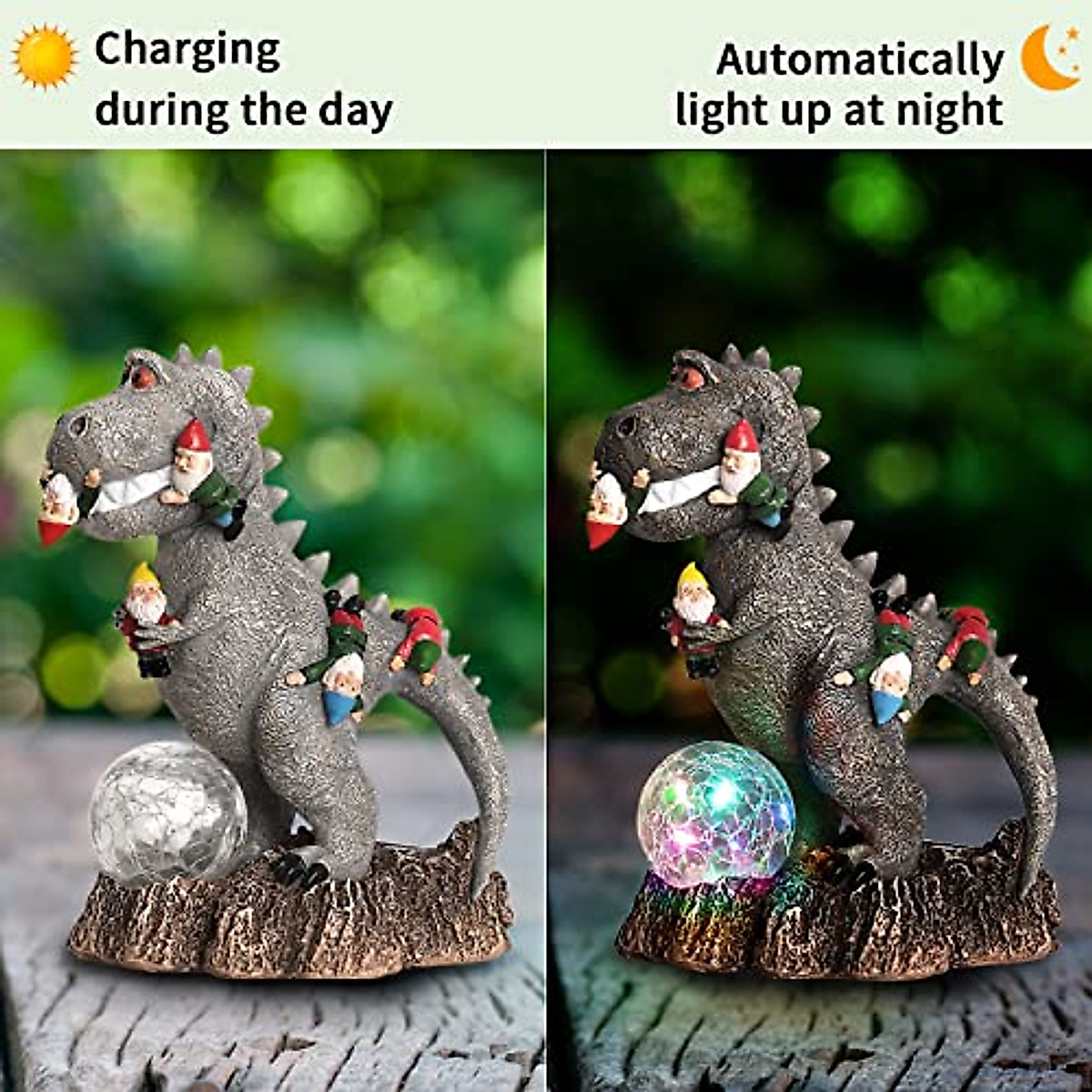 Solar Garden Statue Outdoor Decor Garden Dinosaur Eating Gnomes Figurine with LED Lights, Yard Art Ornaments for Fall Garden Sculptures & Statues for Outside Lawn Patio Yard Garden Birthday Gifts